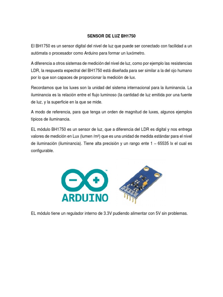 Sensor de Medición de Luz (Bh1750) - Arduino | Descargar gratis PDF | Sensor | Medición