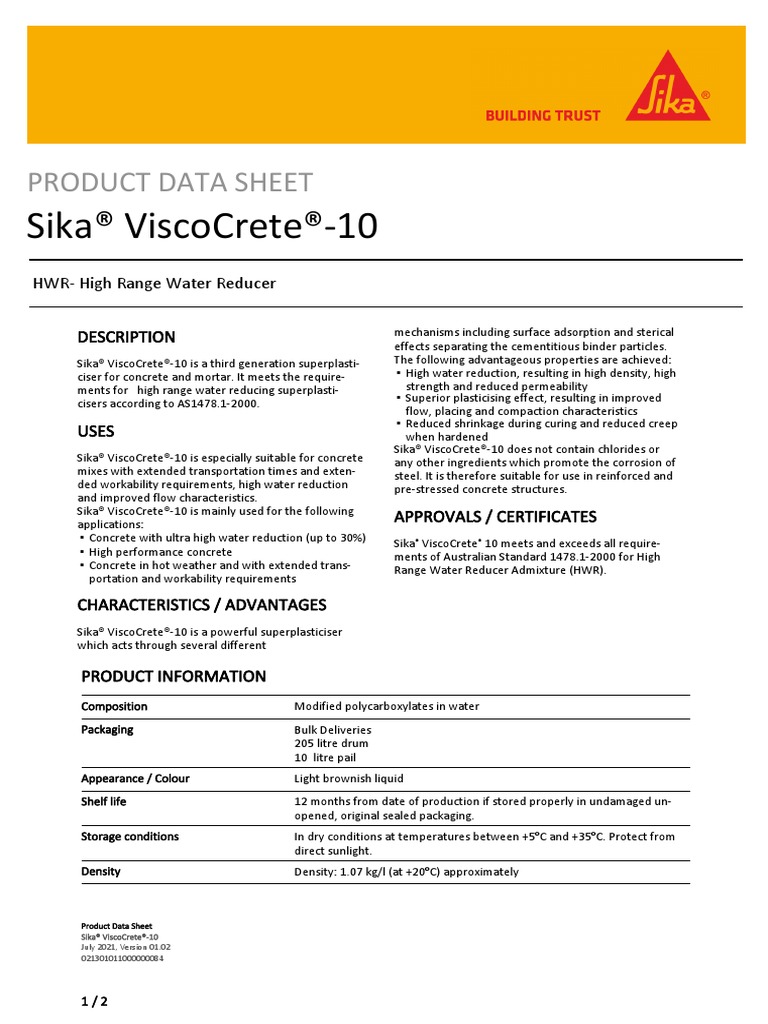 Sika® Viscocrete®-10: Product Data Sheet | Download Free PDF | Concrete ...