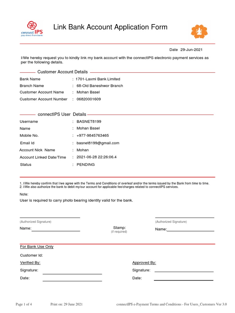 Link Bank Account Application Form | PDF | Banks | Indemnity