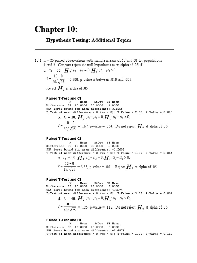 Hypothesis Testing: Additional Topics: Paired T-Test and CI | PDF | P ...