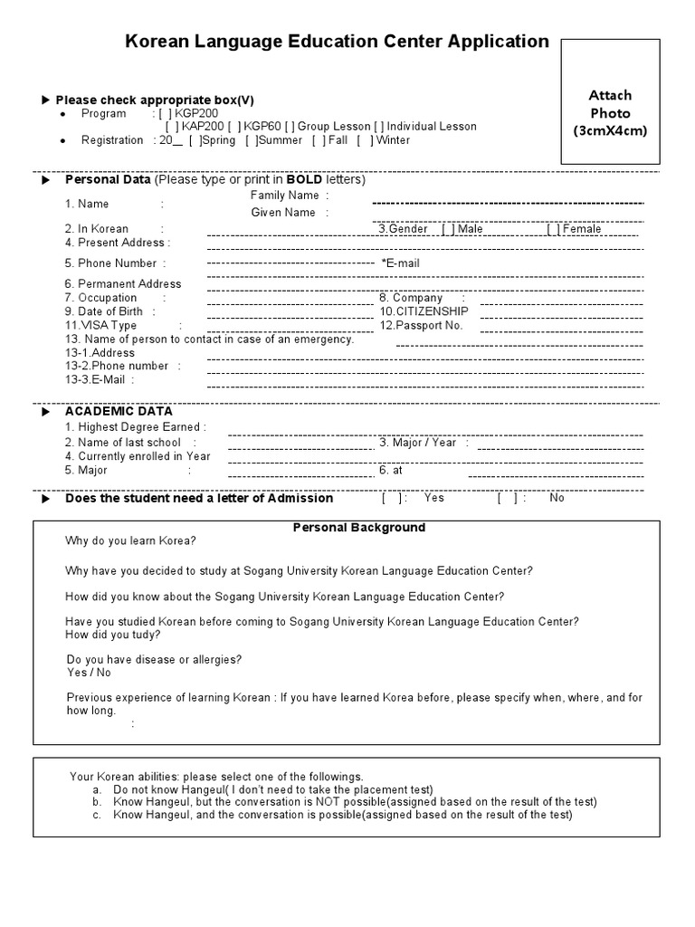 Formulir Pendaftaran Kursus Singkat Di Korea | PDF | Korean Language