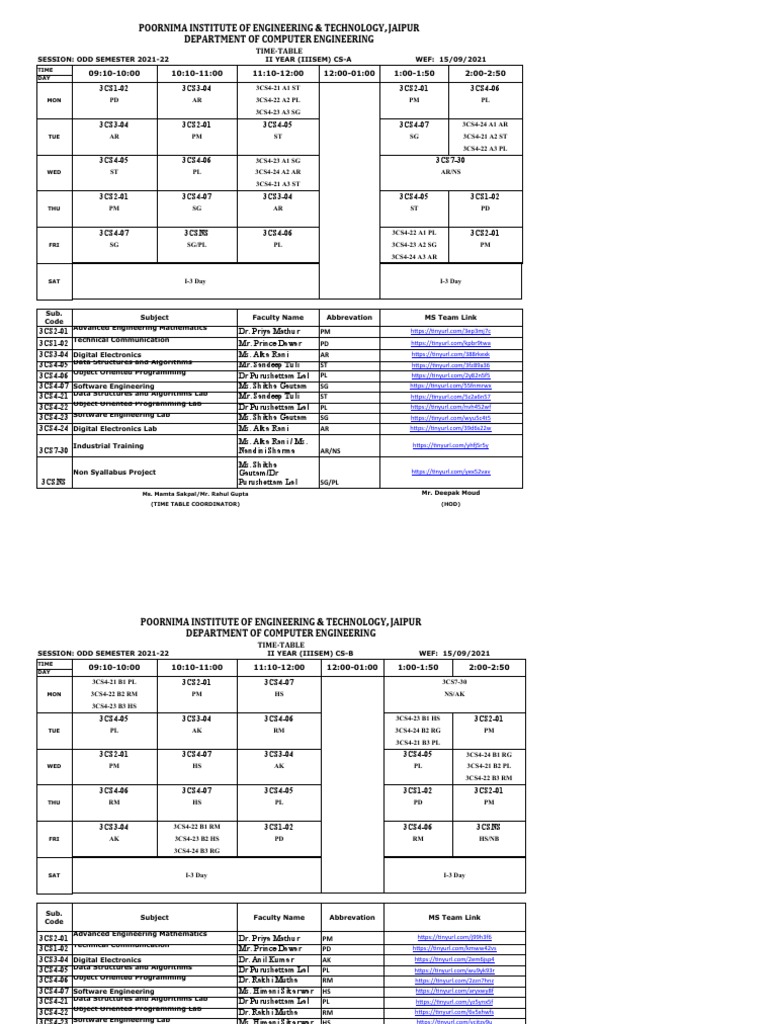 Time - Table - CS - PIET - III - ODD SEM - 2021-22 | PDF | Computing | Popular Culture & Media ...