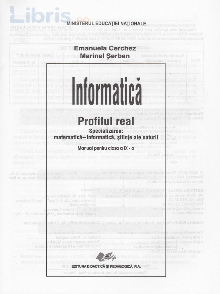 Informatica - Clasa 9 - Manual. Profilul Real - Emanuela Cerchez | PDF