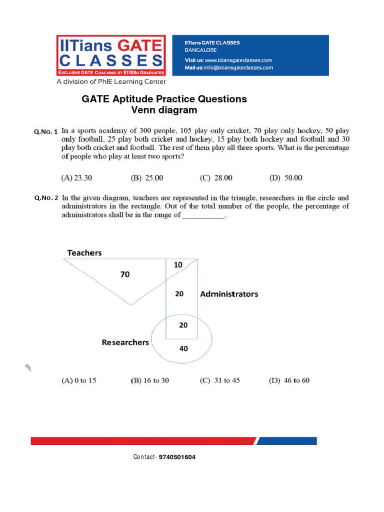 GATE Aptitude Practice Questions Venn Diagram: Contact | PDF