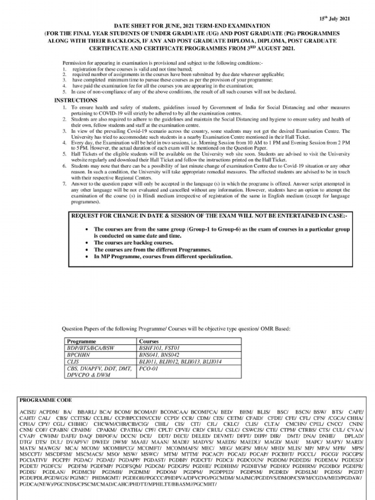 IGNOU New Date Sheet June 2021 | PDF