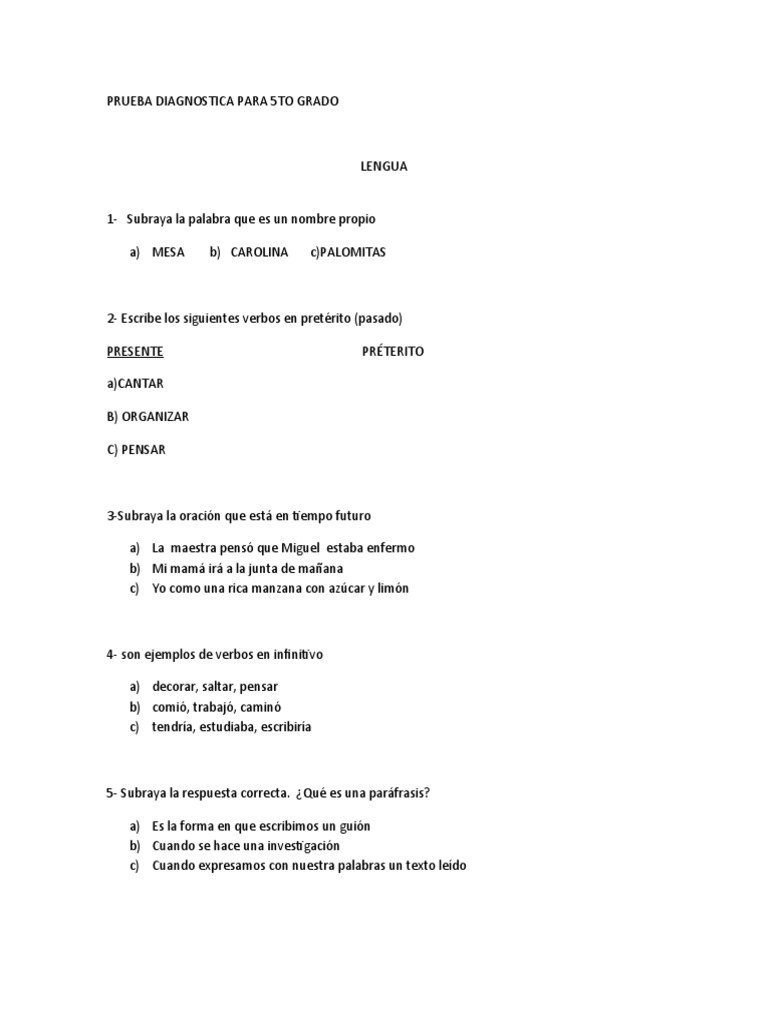 Prueba Diagnostica 5to Grado | PDF | Verbo | Asunto (gramática)