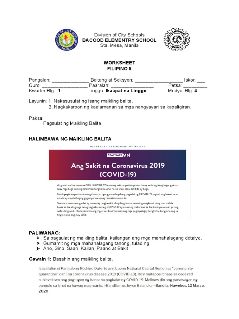 Filipino 5 Worksheet - 4 | PDF