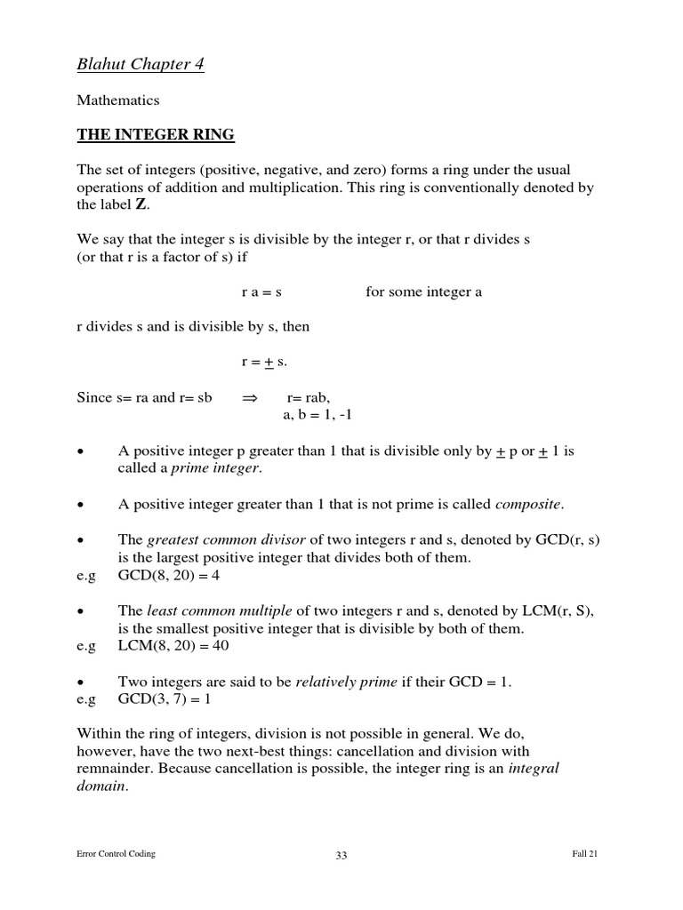 Blahut Chapter 4: The Integer Ring | PDF | Field (Mathematics) | Number Theory