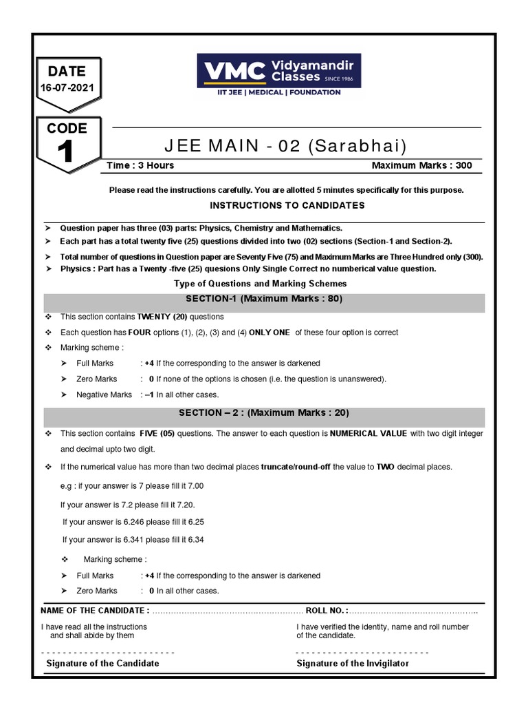 11th PCM Jee Main - 02 Sarabhai (16-07-2021) | PDF | Atomic Orbital ...