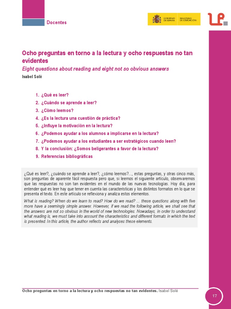 Ocho preguntas sobre la lectura | PDF | Aprendizaje | Conocimiento