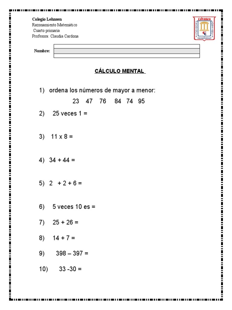Hoja de Trabajo Raznamiento Calculo Mental Semana 18 Al 22 de Mayo | PDF