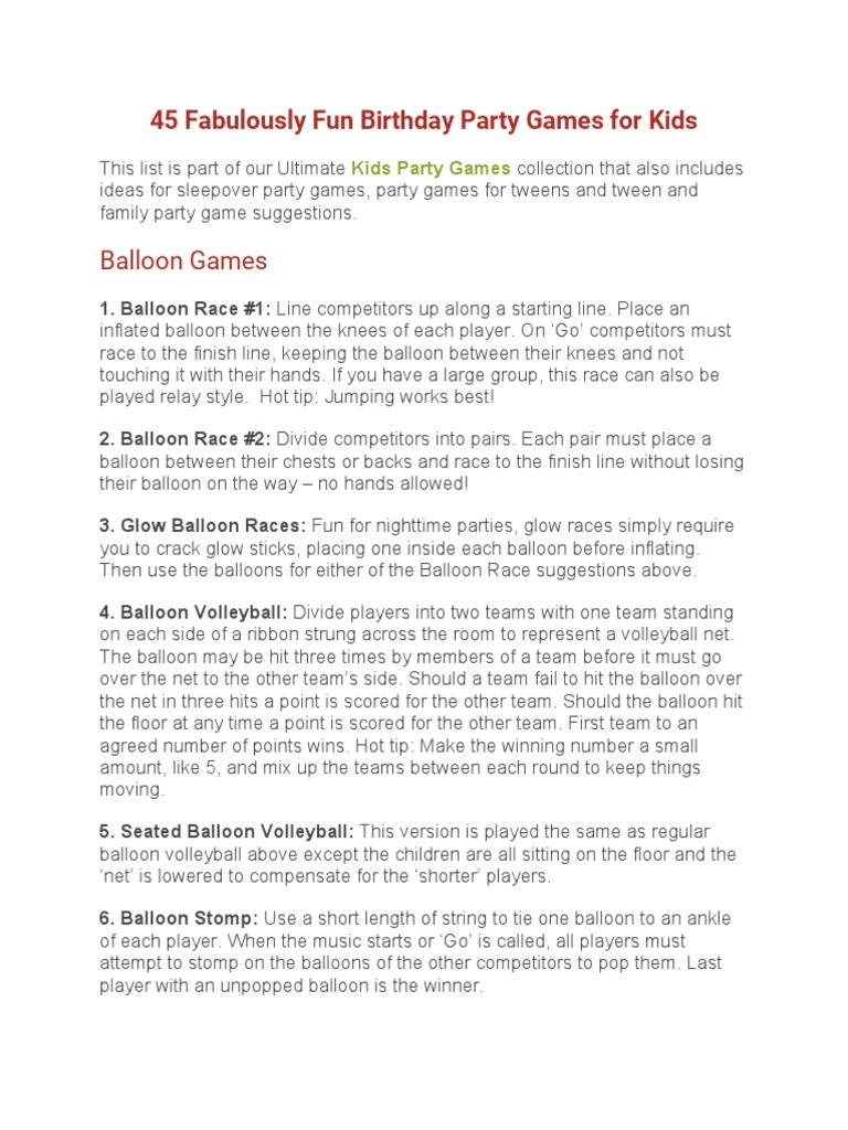 45 Fabulously Fun Birthday Party Games For Kids Pdf