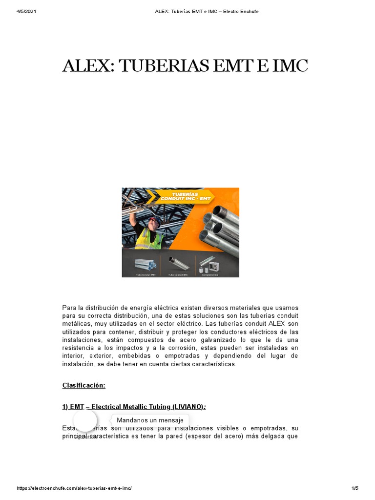 ALEX - Tuberías EMT e IMC - Electro Enchufe | PDF | Tubería (transporte ...