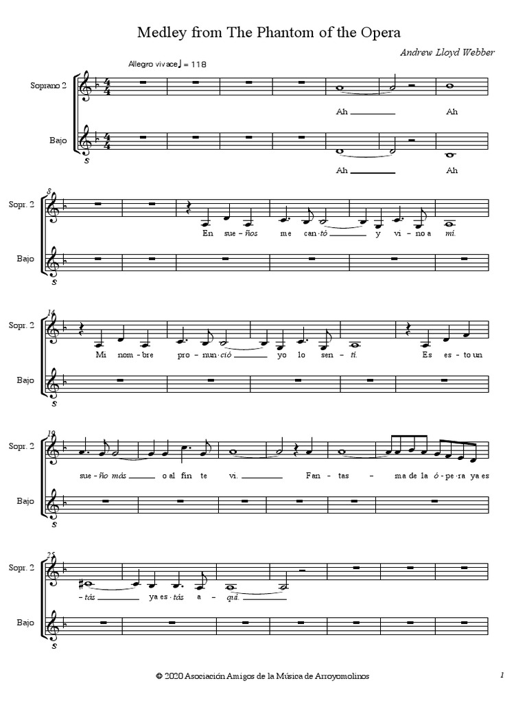 Partitura SPR y Bajo Fantasma de La Ópera 6 Voces Solo | PDF