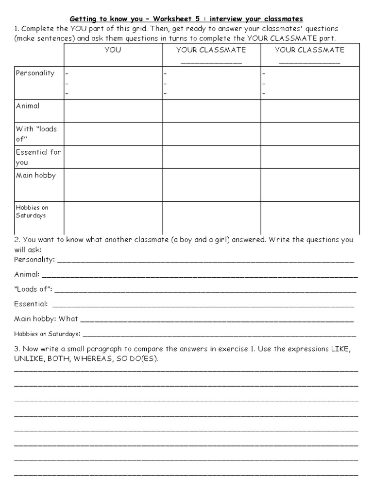 Getting To Know You - Worksheet 5: Interview Your Classmates | PDF