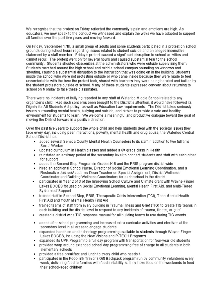 Waterloo School District Statement | PDF | Mental Health | Bullying