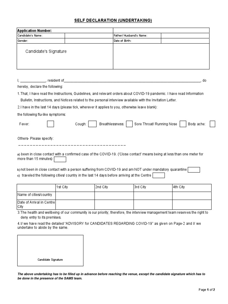 Form Self Declartion Undertaking COVID-19 | Download Free PDF ...