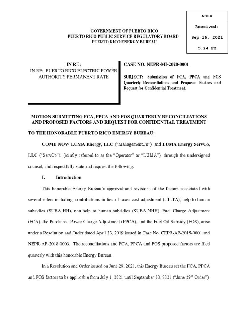 Motion Submitting FCA PPCA and FOS Quarterly Reconciliations and ...