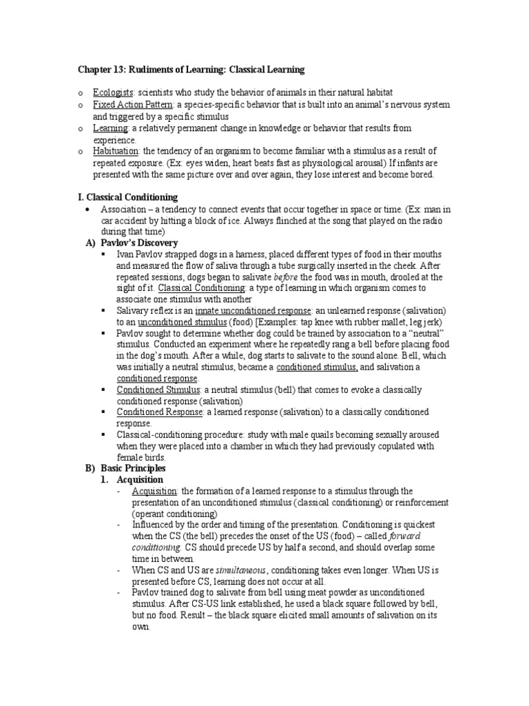 Chapter 13: Rudiments of Learning: Classical Learning | PDF | Classical Conditioning | Learning