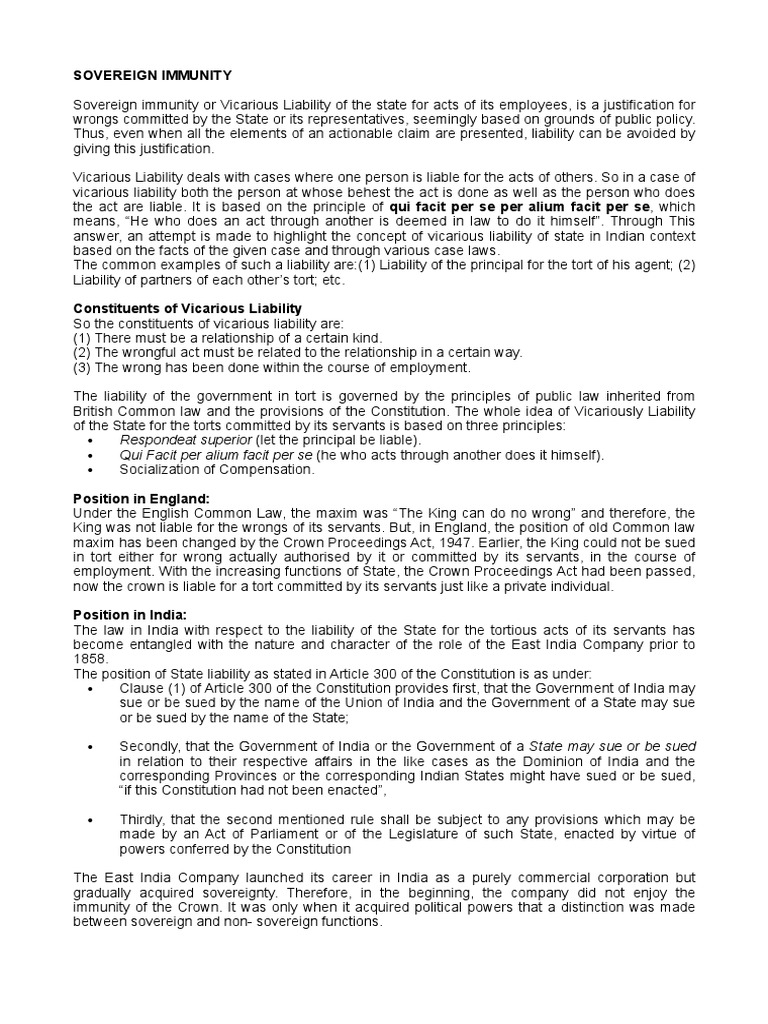 Torts Sovereign Immunity | PDF | Legal Liability | Vicarious Liability