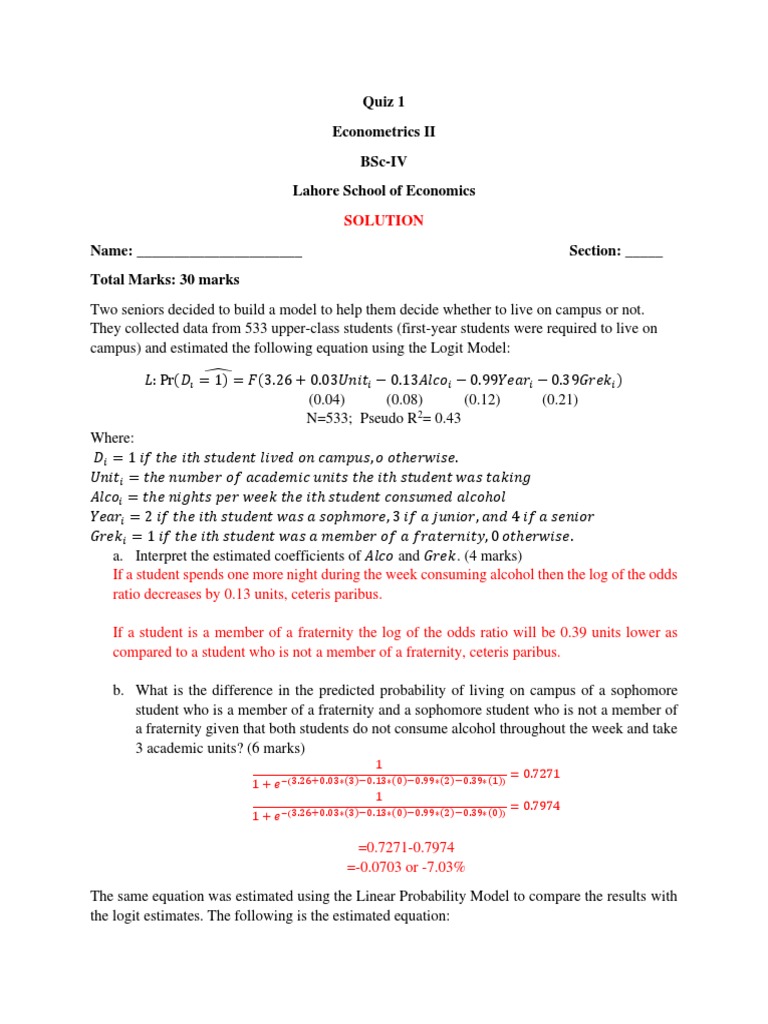 Econometrics II, Winter 2020, Quiz 1 - Version A, Solution | PDF ...