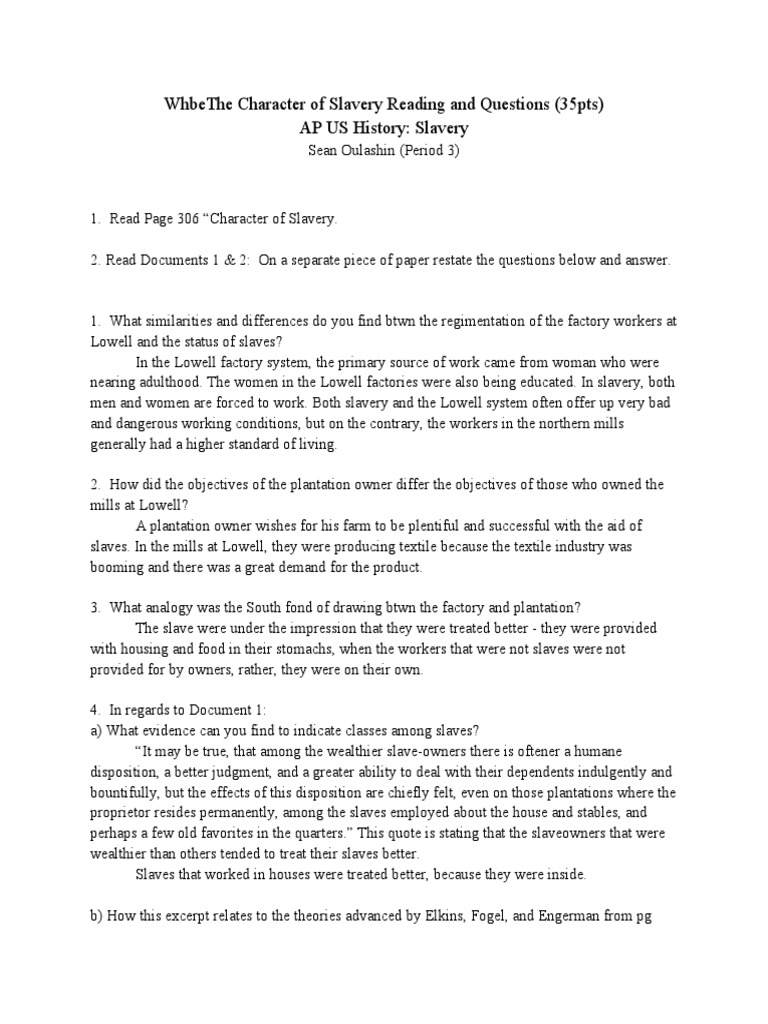 12 - 11 - 2013 APUSH Slave Questions | PDF | Slavery | Unfree Labour