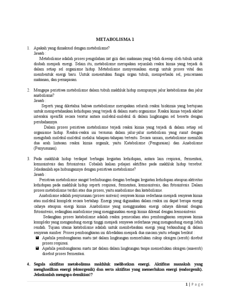 Tugas Biologi Kelas 12 Metabolisme Woy 20 Soal | PDF