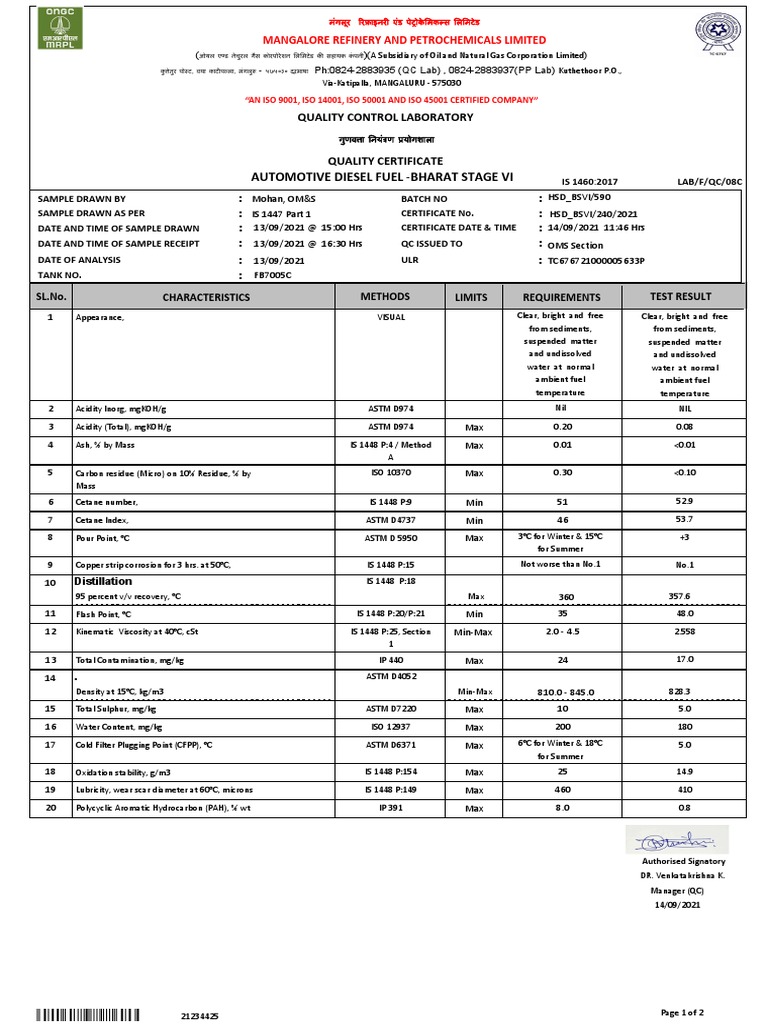 HSD BS Vi-Coa-Fb7005c - (516687) | PDF | Diesel Fuel | Materials
