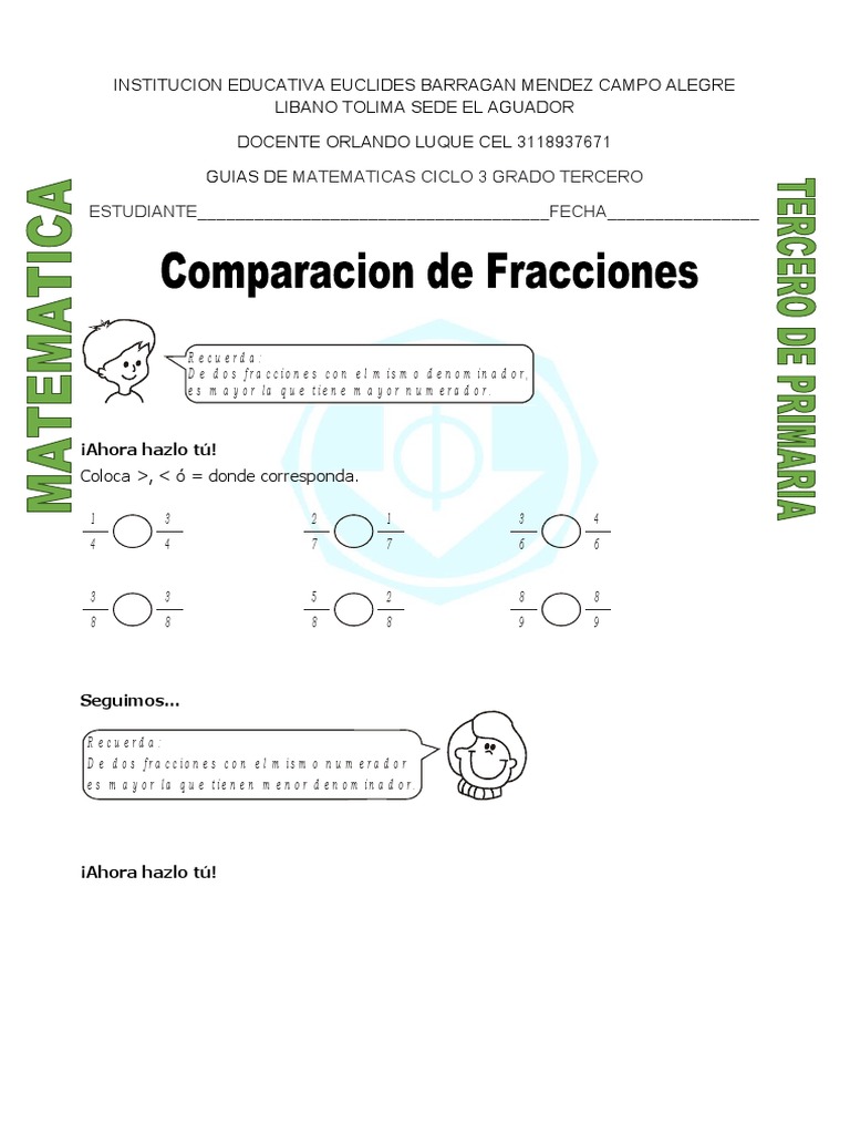 Ficha Comparacion de Fracciones para Tercero de Primaria | PDF