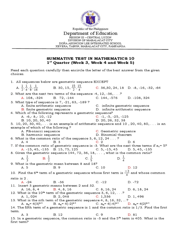 Summative Test in Mathematics 10: Geometric and Arithmetic Sequences ...