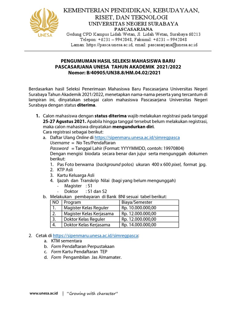 (Final) Pengumuman SPMB Pasca Unesa 2021-2022 | PDF