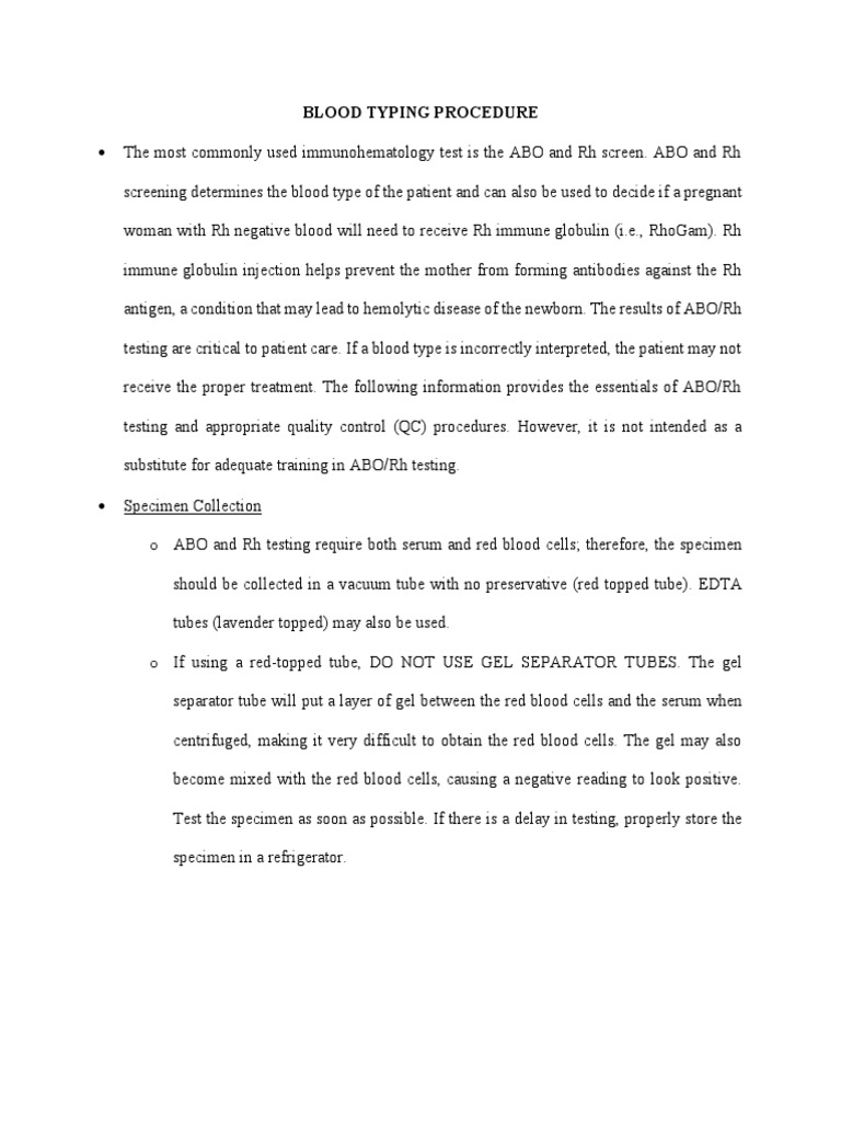 Blood Typing and Crossmatching Procedures | PDF | Blood Type | Blood Plasma