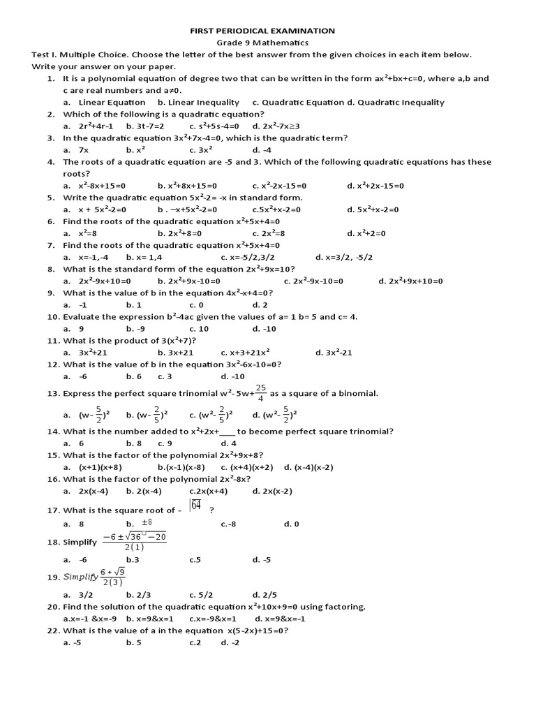 First Grading Examination (Math9) | PDF | Quadratic Equation ...
