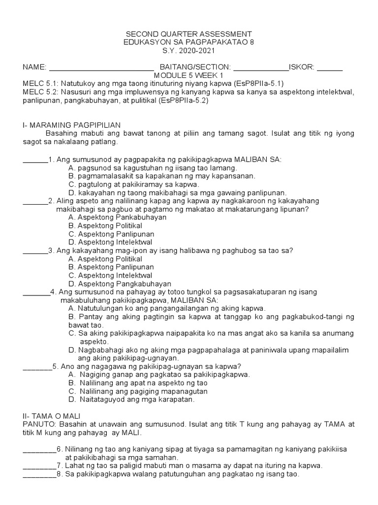 Quarter 2 ESP 8 Assessment 10 | PDF