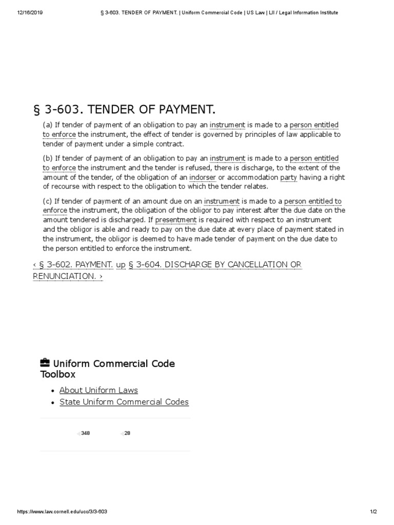 3-603. TENDER OF PAYMENT. - Uniform Commercial Code - US Law - LII - Legal Information Institute ...