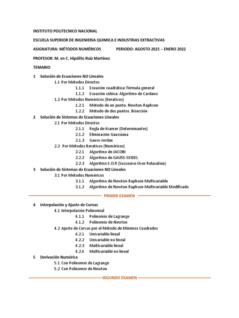 Temario Métodos Numéricos | PDF | Análisis numérico | Ecuaciones