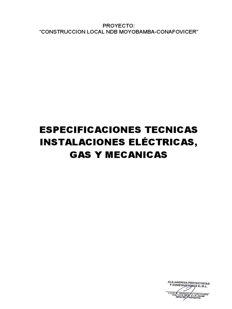Especificaciones Tecnicas Electricas, Gas y Mecanicas NDB Moyobamba | PDF | Enchufes y tomas de ...