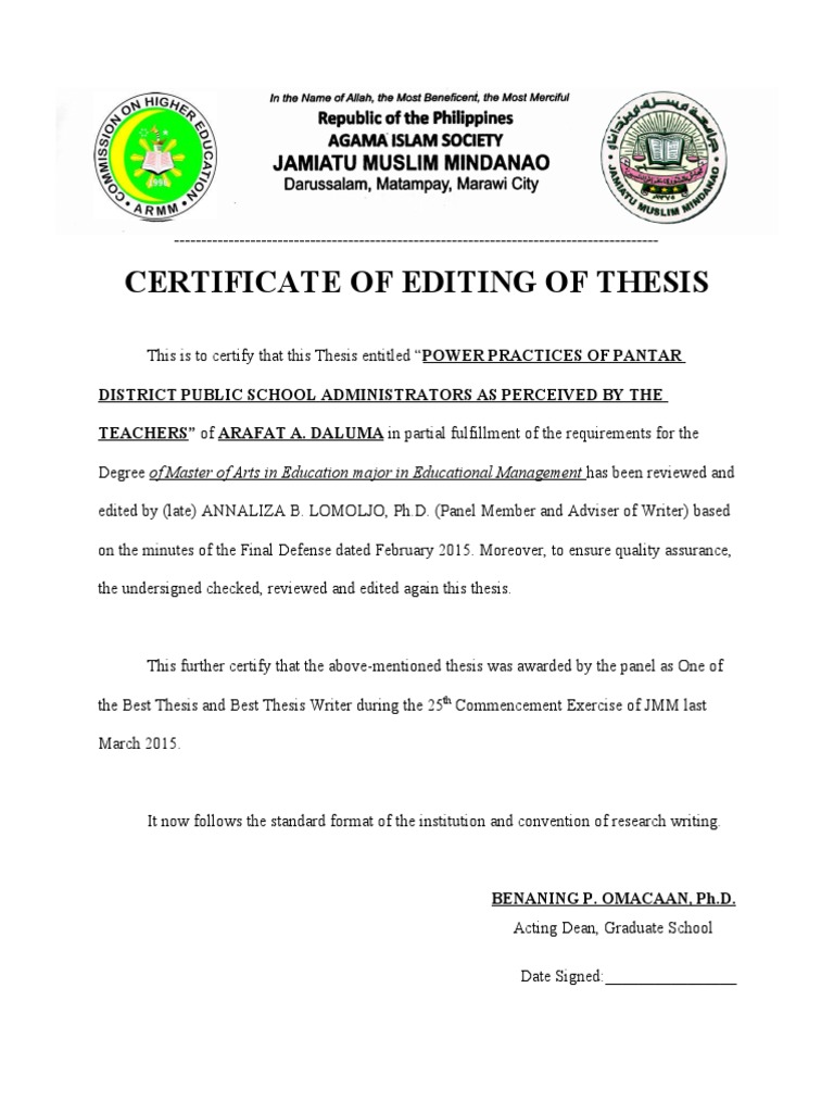 Certificate of Editing of Thesis | PDF | Thesis | Doctor Of Philosophy