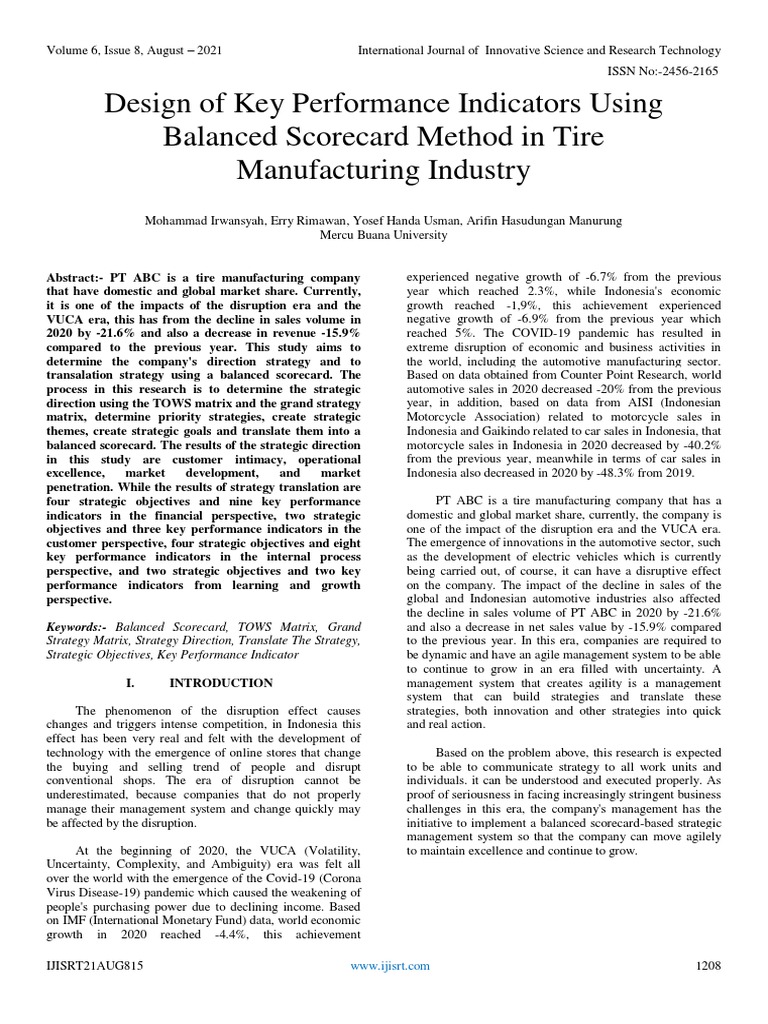 Design of Key Performance Indicators Using Balanced Scorecard Method in ...