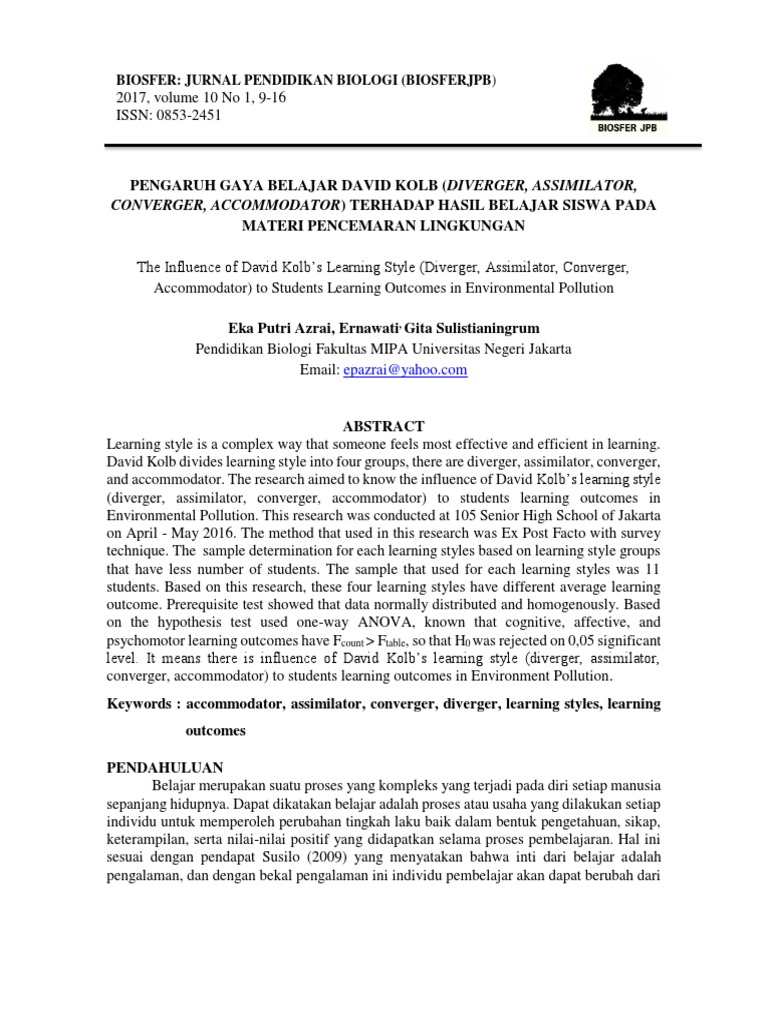 Pengaruh Gaya Belajar David Kolb (Diverger, Assimilator, Materi ...