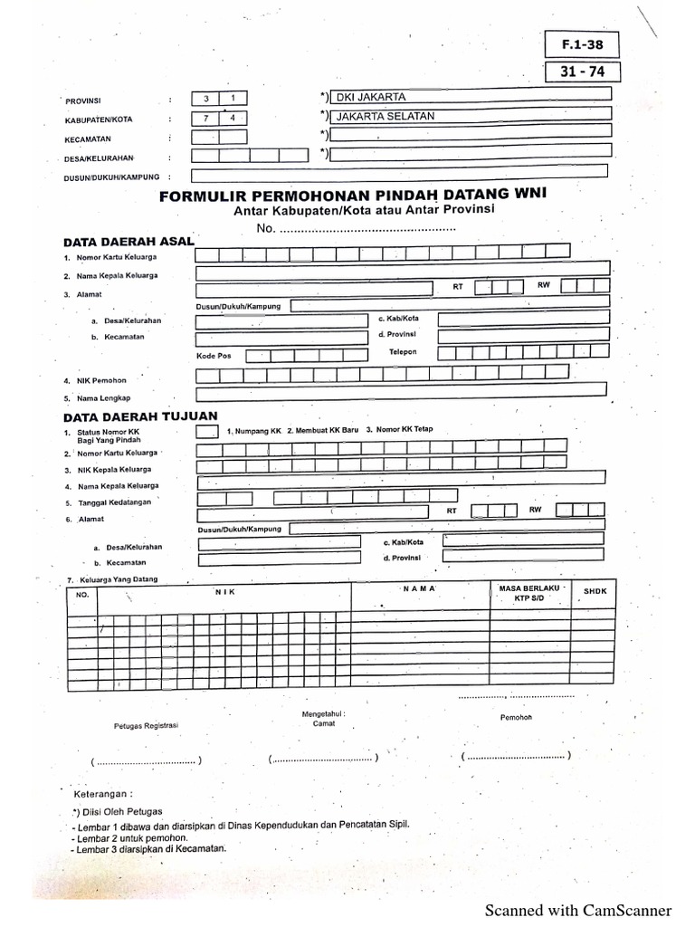Form Pindah Datang Antar Provinsi f138 | PDF