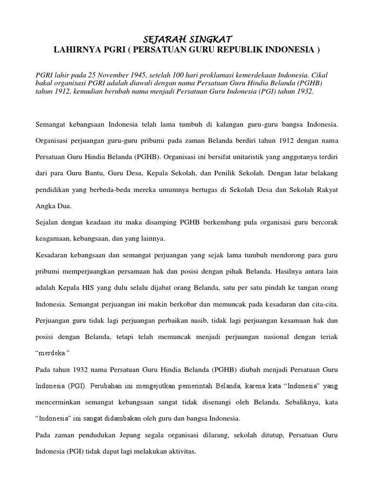 Sejarah Singkat Pgri | PDF