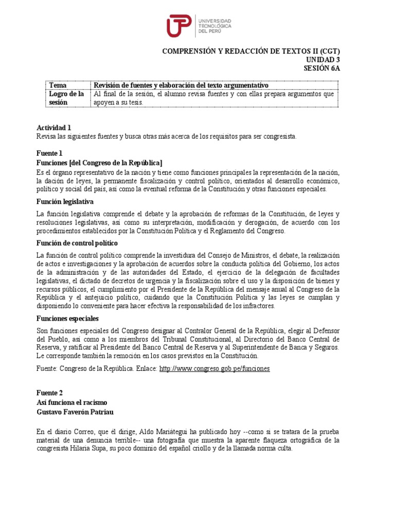 U3 - S6 - Texto Argumentativo (Requisitos Congreso) | PDF | Lengua española