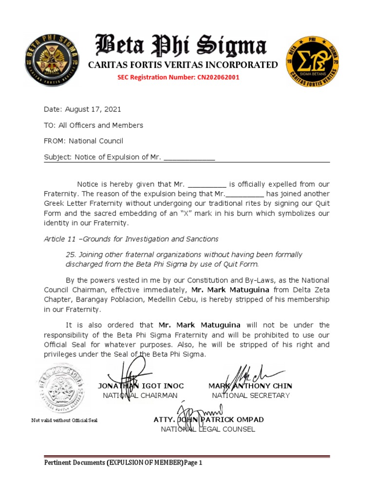 Notice of Expulsion from Fraternity for Joining Another Organization ...