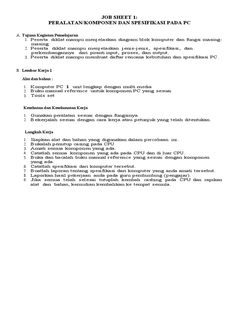 Jobsheet TKJ Kls 10 (Komputer Perakitan Dan Periferal) | PDF