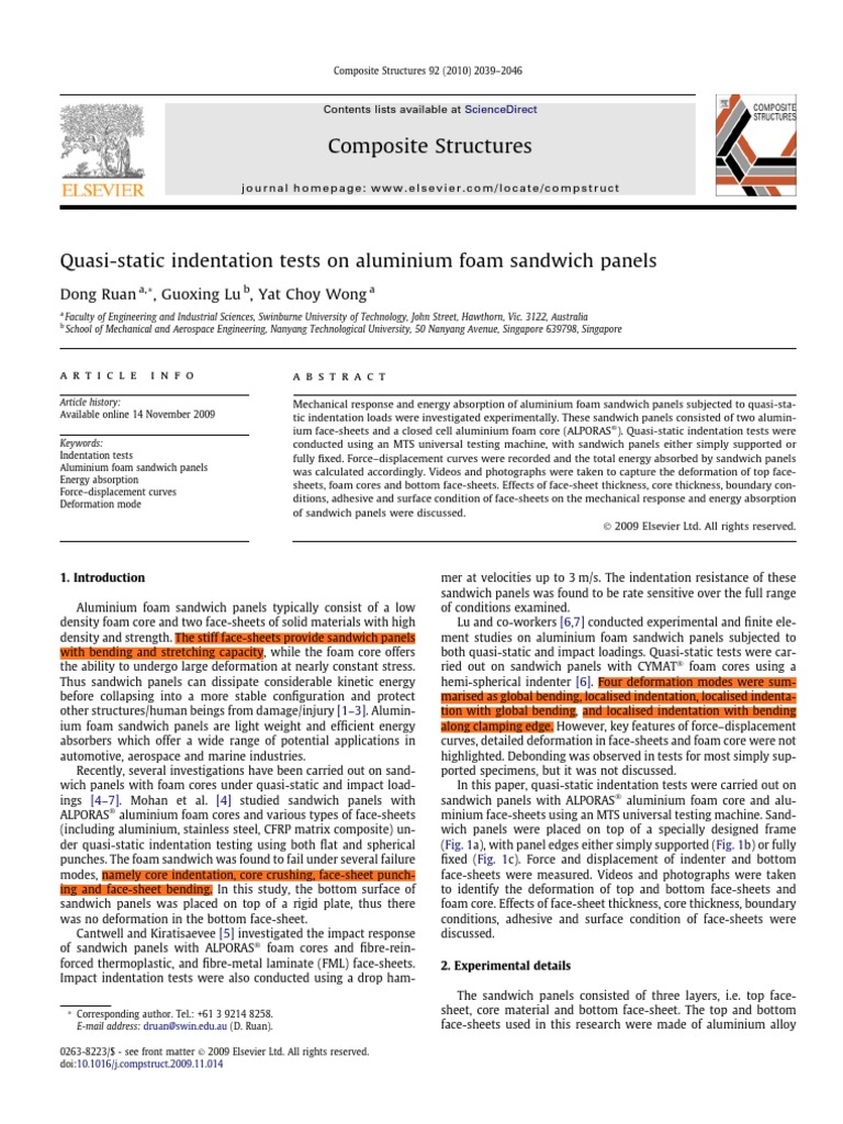 Quasi-Static Indentation Tests On Aluminium Foam Sandwich Panels | PDF ...