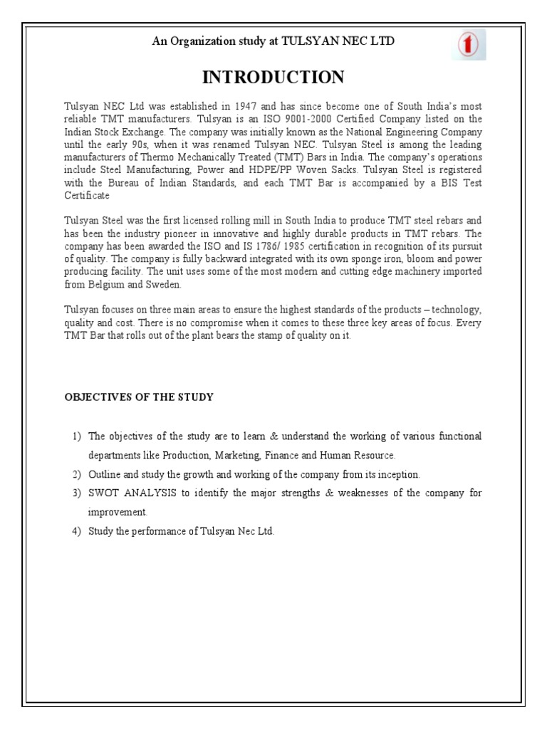 An Organization Study at TULSYAN NEC LTD: Objectives of The Study | PDF ...