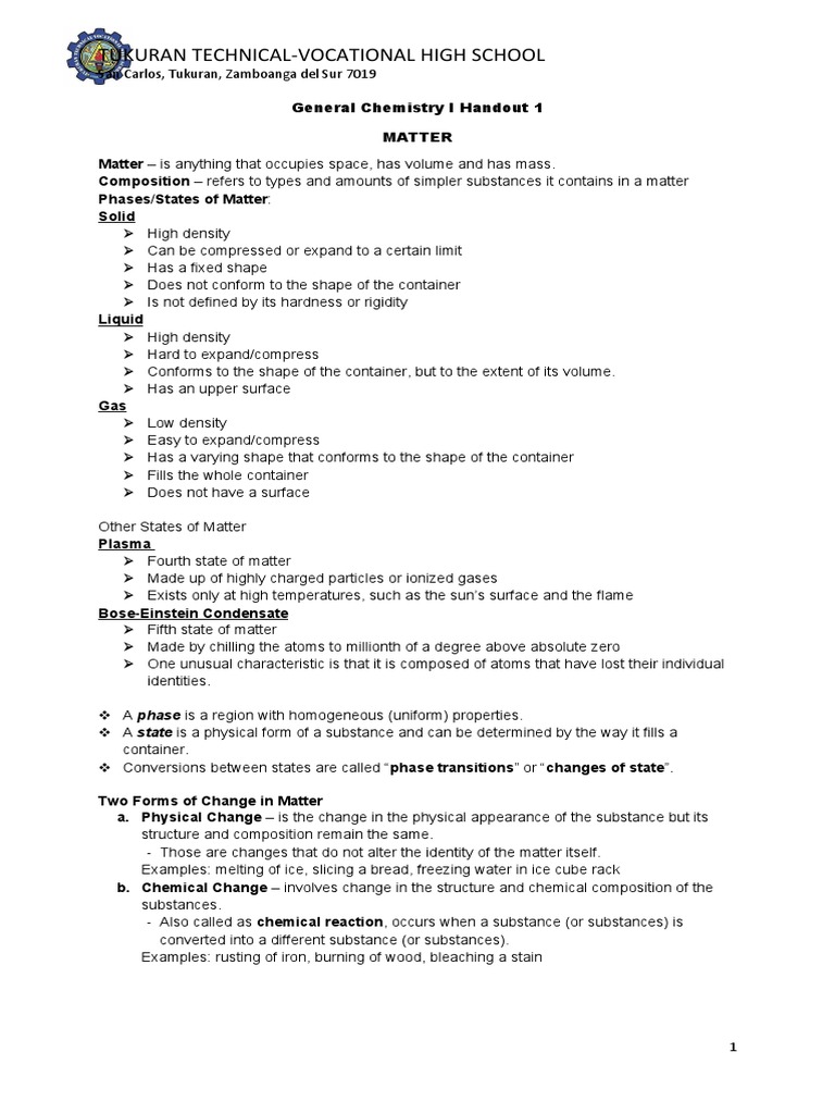 General Chemistry I Handout 1 | PDF | Chemical Compounds | Mixture