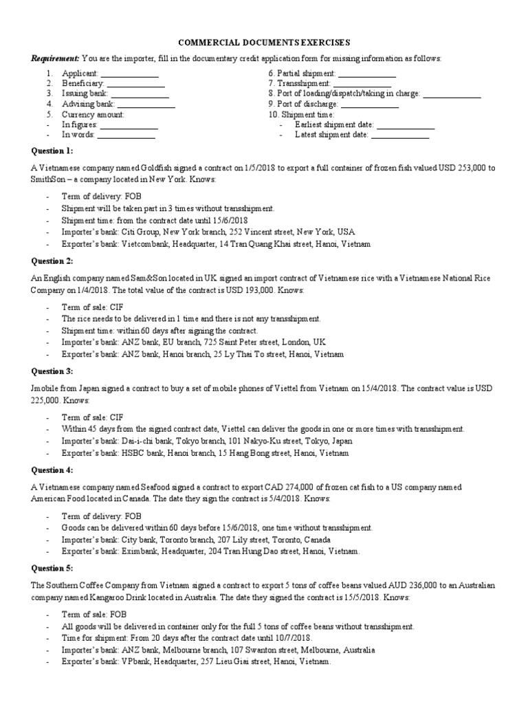 Requirement: You Are The Importer, Fill in The Documentary Credit ...