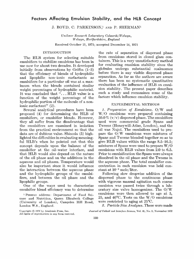 Factors Affecting Emulsion Stability, and The HLB Concept | PDF ...
